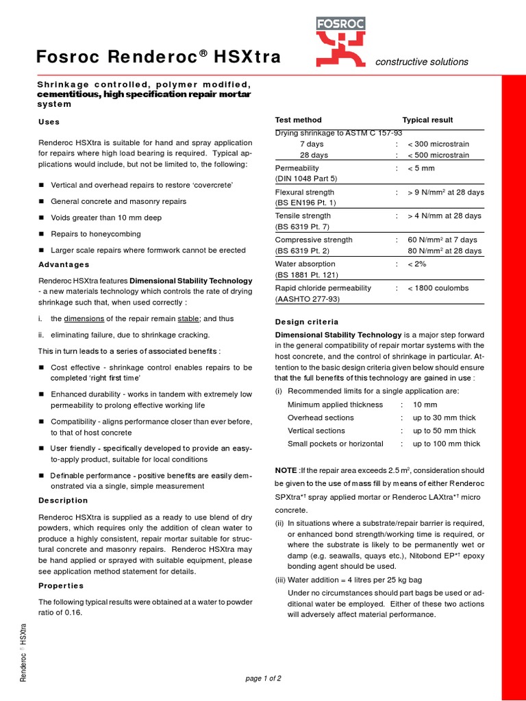 TDS Renderoc HSXtra India | PDF | Mortar (Masonry) | Concrete