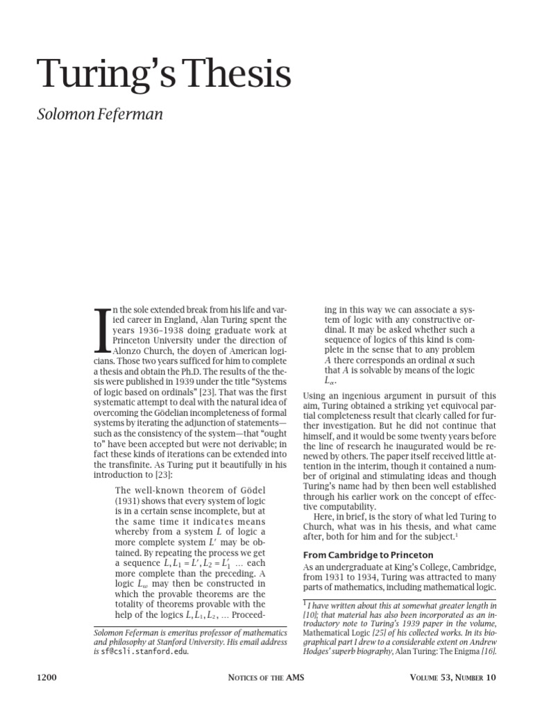 Feferman and Turing Thesis | PDF | Computability Theory | Mathematical Logic