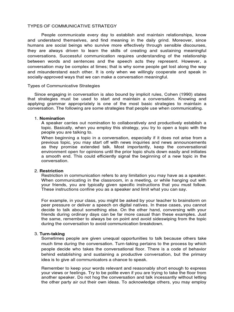 Types of Communicative Strategy - Handout | PDF | Conversation | Speech