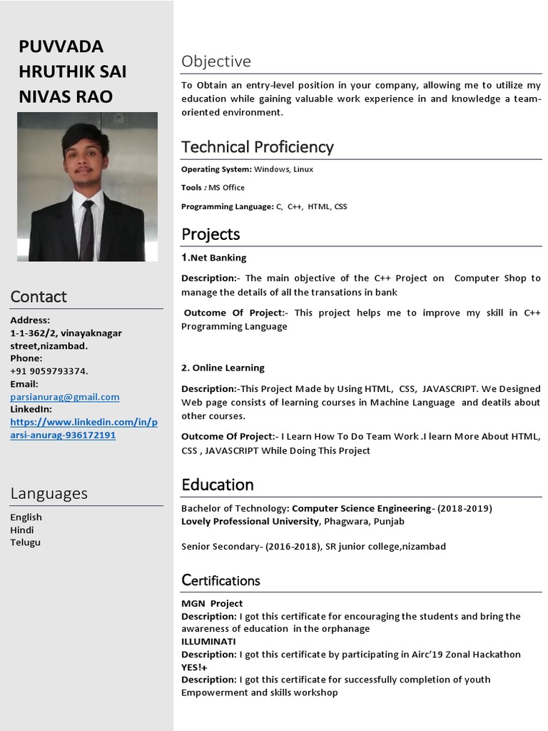 Puvvada Hruthik Sai Nivas Rao: Objective | PDF | Learning | Computing