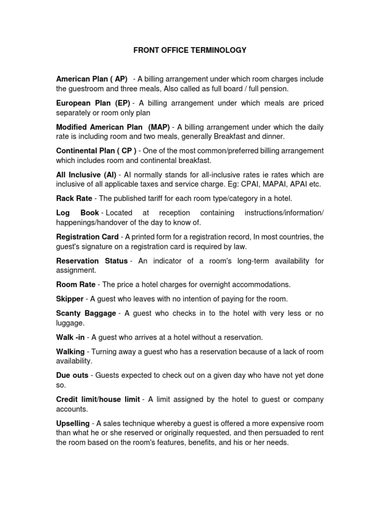 Front Office Terminology | PDF | Travel Agency | Point Of Sale