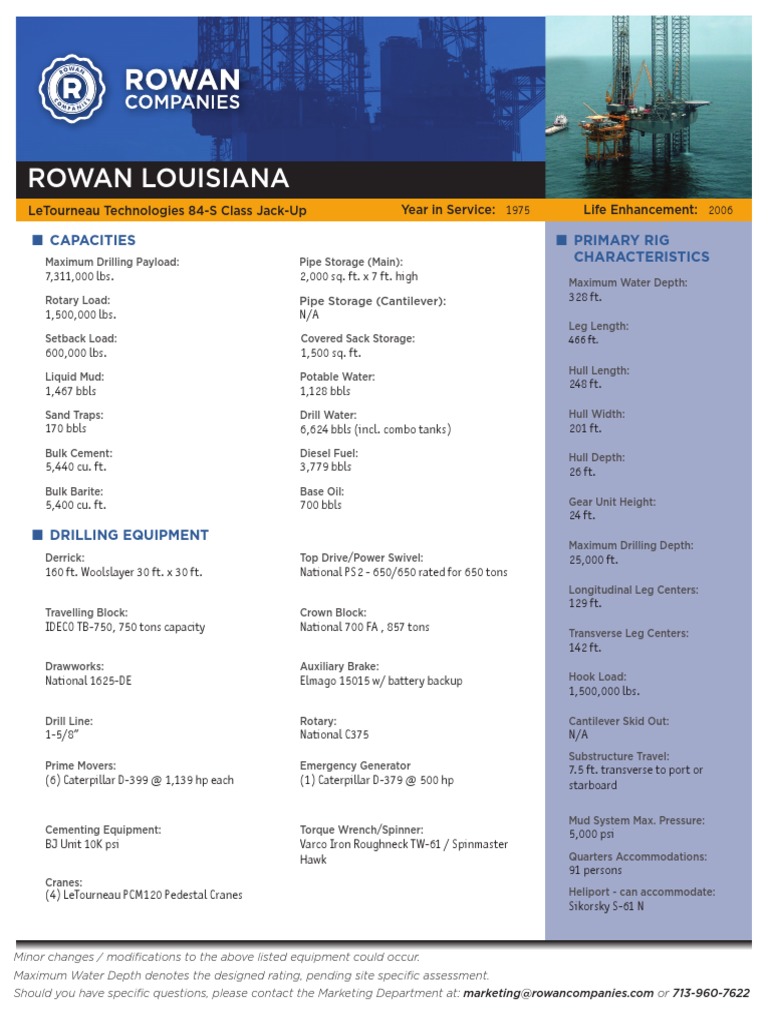 Rowan Louisiana: Primary Rig Characteristics Capacities | Download Free ...
