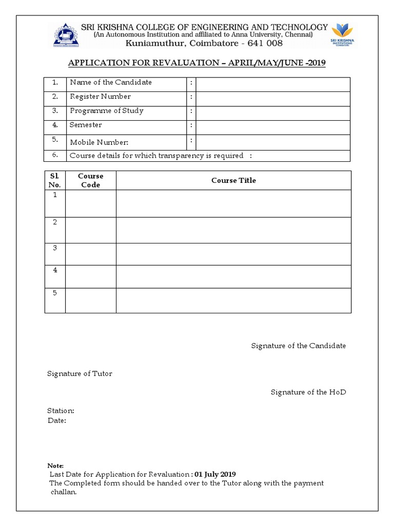 Revaluation Application Form 2019 | PDF