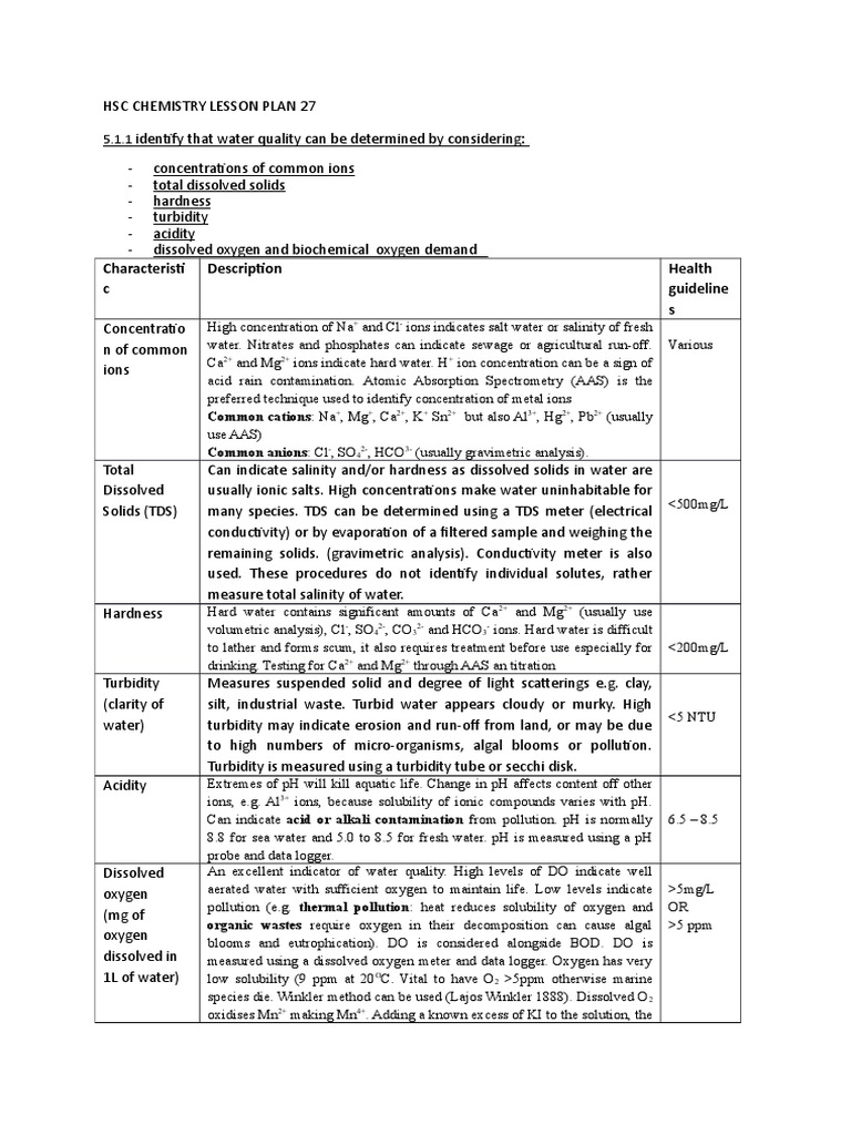 HSC Chemistry Lesson Plan 27 | PDF | Water Purification | Membrane