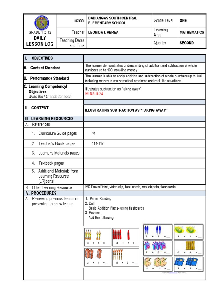 Grade 1 Subtraction: Taking Away Lesson | PDF | Subtraction | Teachers