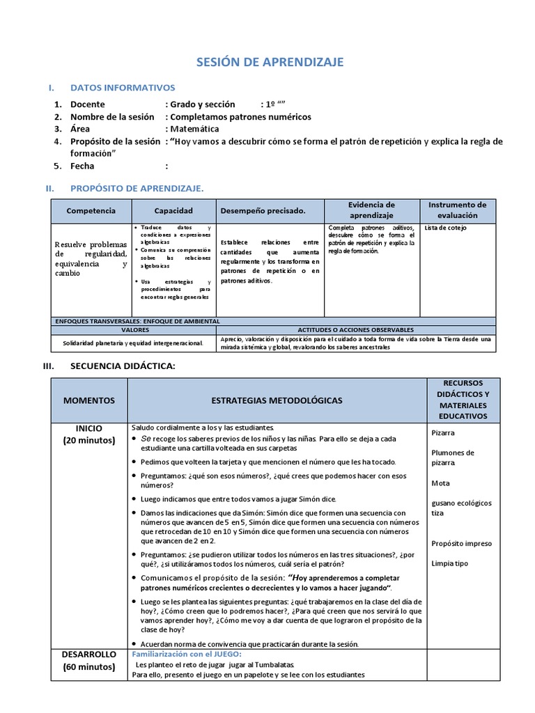 Sesion Completamos Patrones Numéricos | PDF | Plan de estudios ...