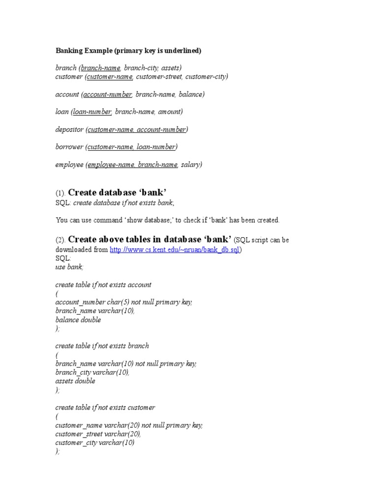 Create Database Bank': Banking Example (Primary Key Is Underlined ...