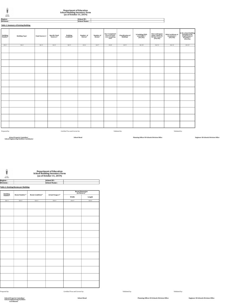 Department of Education School Building Inventory Form (As of October ...