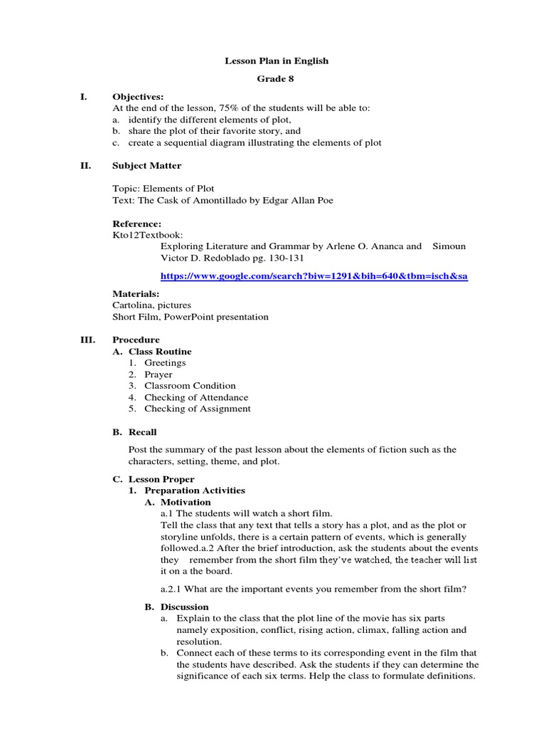 Grade 8 English Lesson on Elements of Plot | PDF | Narrative | Conversation