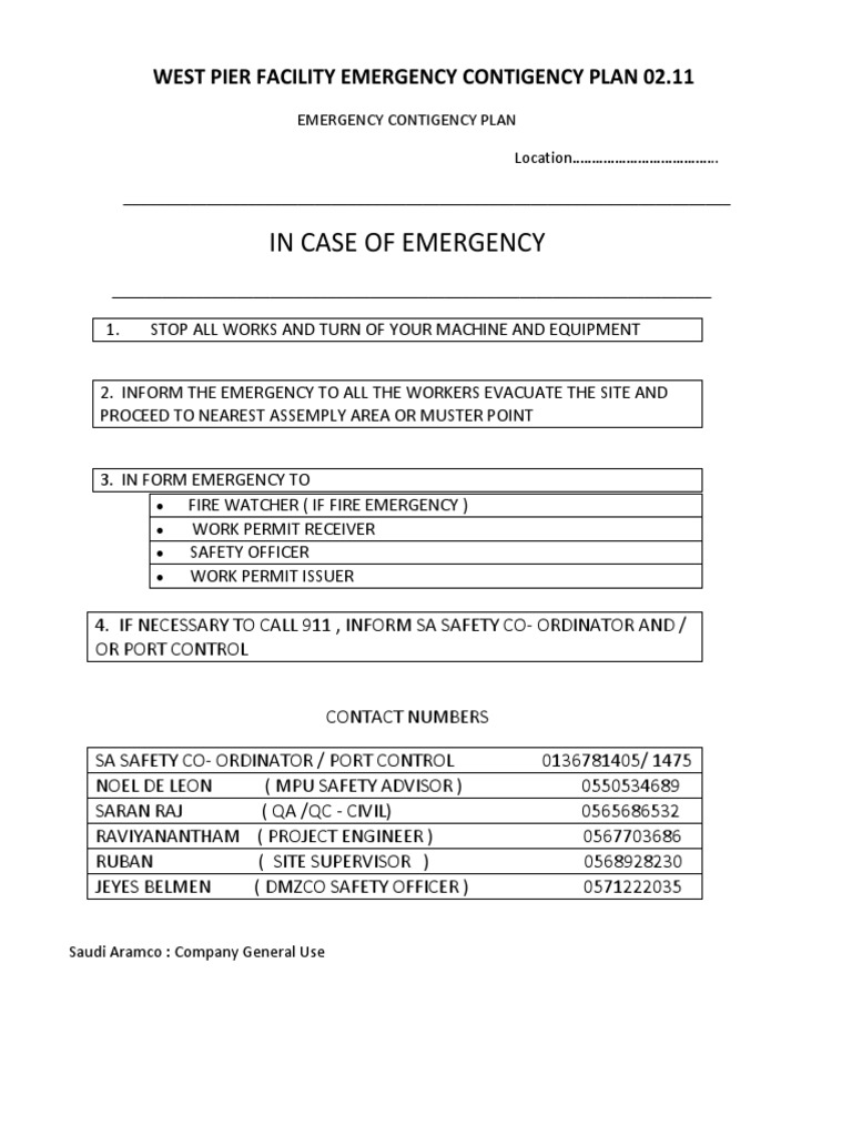 In Case of Emergency: West Pier Facility Emergency Contigency Plan 02. ...