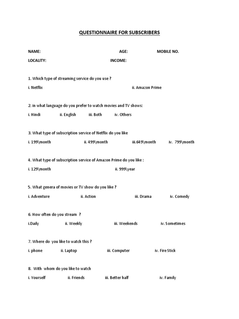 Questionnaire For Subscribers | PDF | Netflix | Business