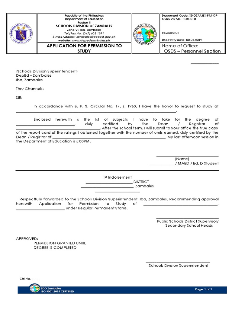 Application For Permission To Study | PDF | Government