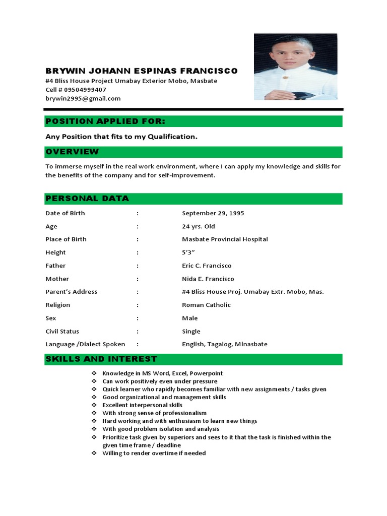 Brywin Espinas Francisco - Resume | PDF | Cognition | Cognitive Science