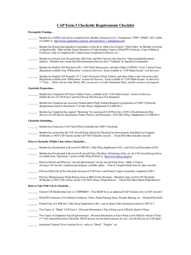 CAP Form 5 Checkride Requirements Checklist: Prerequisite Training ...