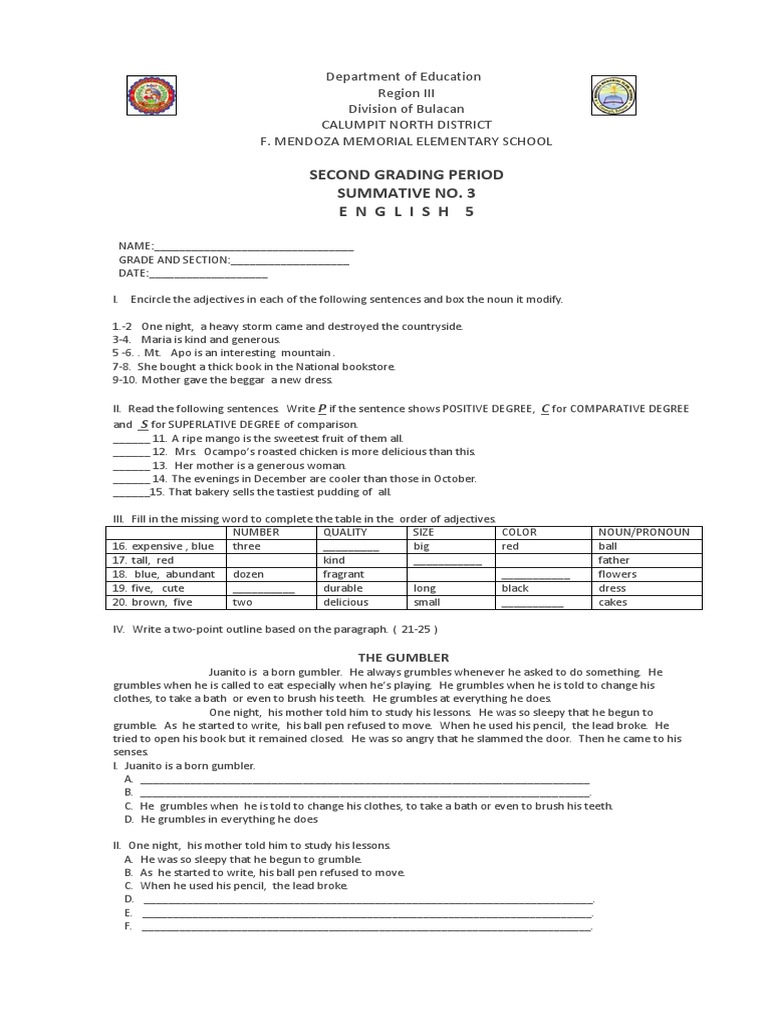 Second Grading Period Summative No. 3 E N G L I S H 5 | Download Free ...