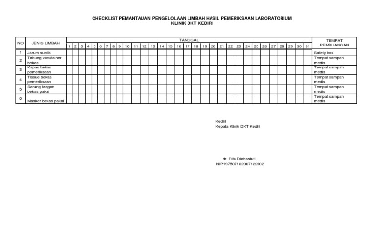 Checklist Pemantauan Pengelolaan Limbah Hasil Pemeriksaan Laboratorium | PDF