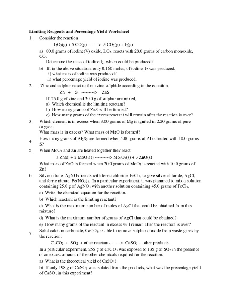 Limiting Reagents and Percentage Yield Worksheet | PDF | Zinc ...