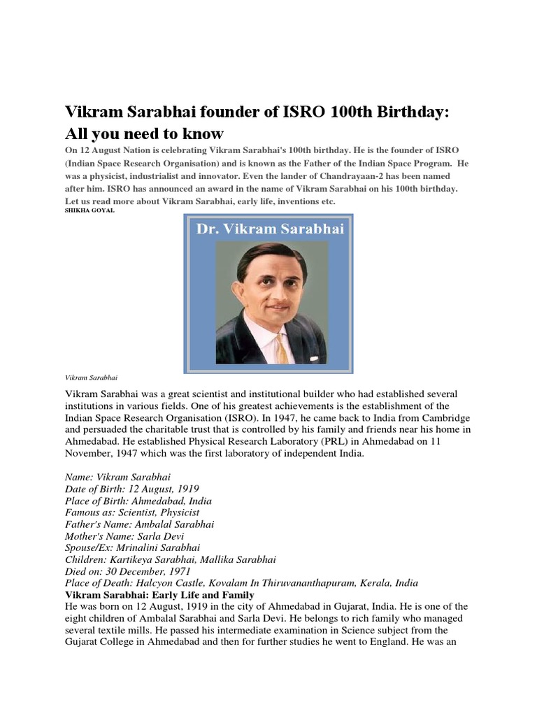 Vikram Sarabhai Founder of ISRO 100th Birthday: All You Need To Know ...