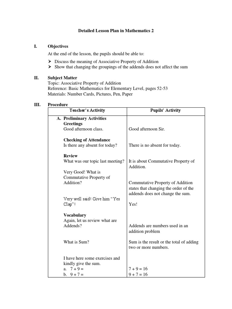 Detailed Lesson Plan in Associative Property of Addition | PDF ...