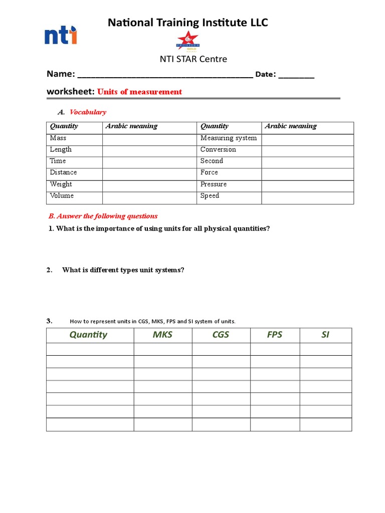 Work Sheet - Units of Measurement | PDF