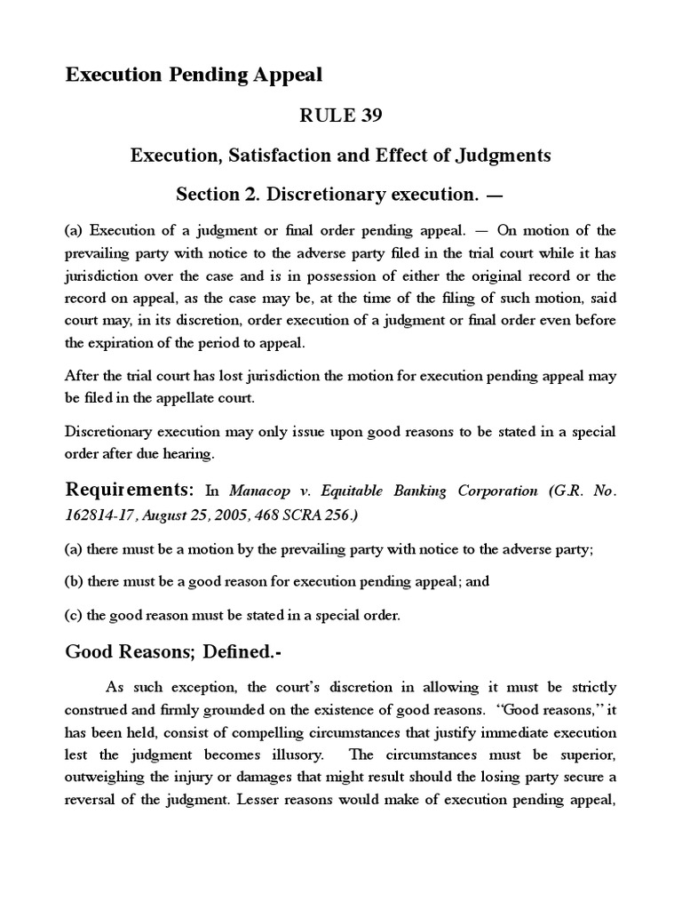Research - Execution Pending Appeal | PDF | Judgment (Law) | Appeal