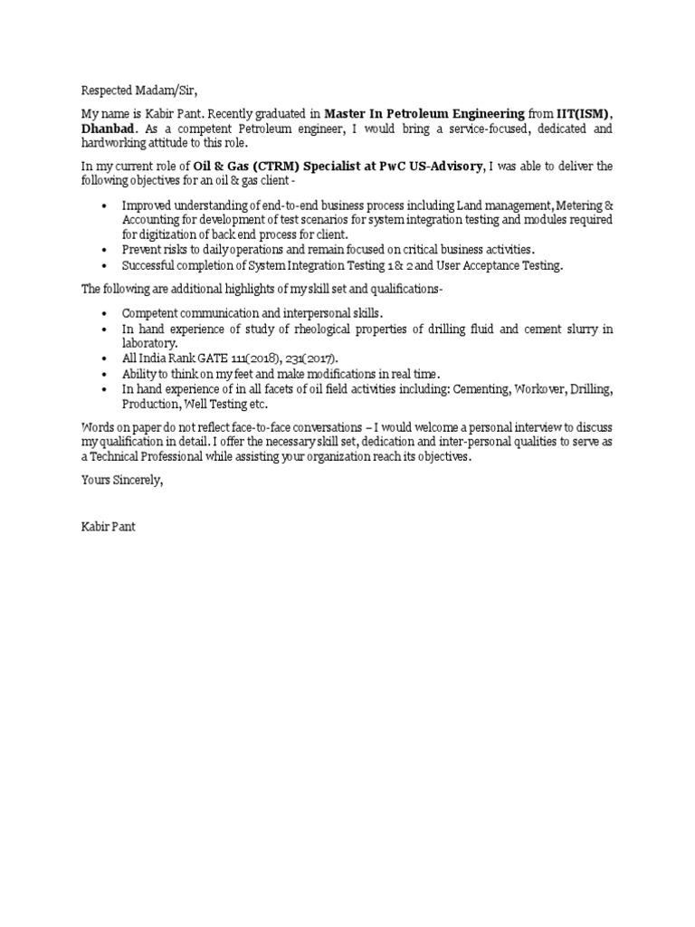 Petroleum Engineer Cover Letter | PDF | Business | Technology & Engineering