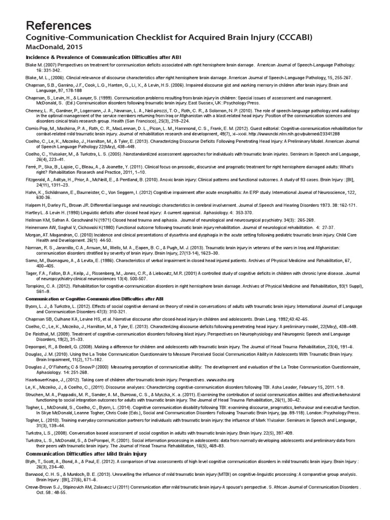 References: Cognitive-Communication Checklist For Acquired Brain Injury ...