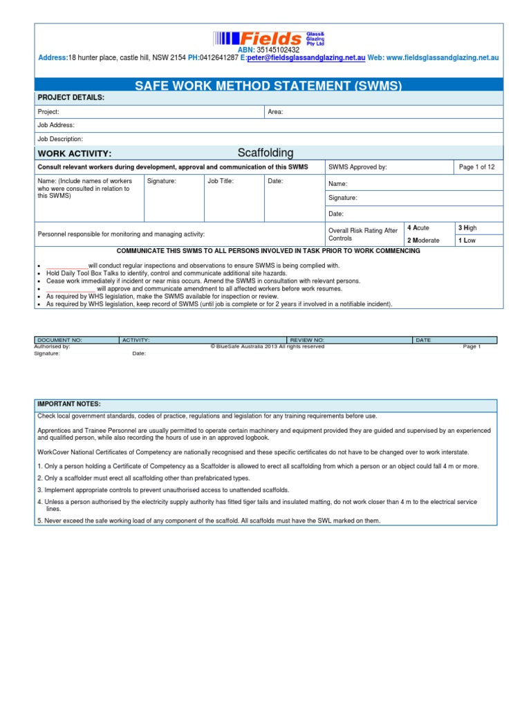 Safe Work Method Statement (SWMS) : Scaffolding | PDF | Scaffolding ...