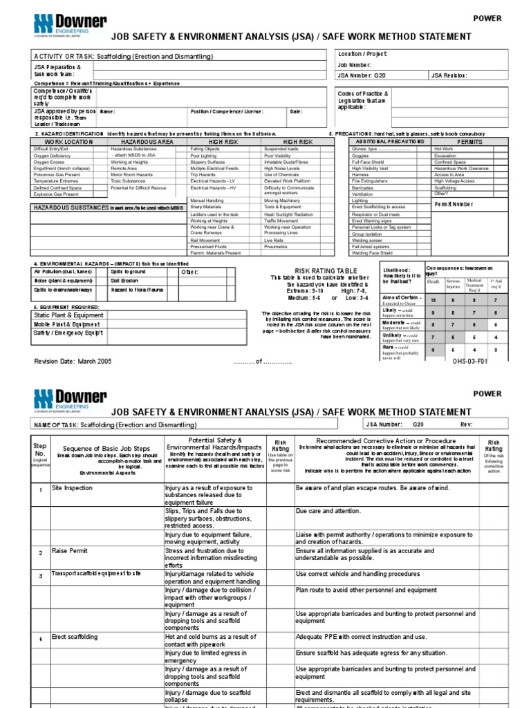 JSA G20 Scaffolding Erection Dismantling | PDF | Hazards | Risk
