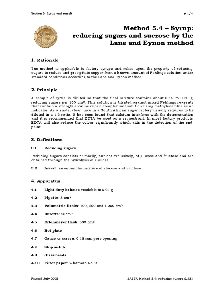 Method 5.4 - Syrup: Reducing Sugars and Sucrose by The Lane and Eynon ...