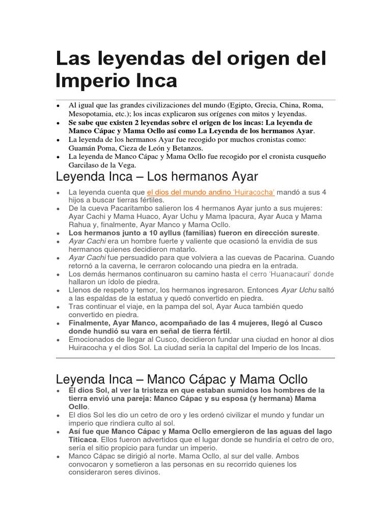 Las Leyendas Del Origen Del Imperio Inca | PDF | Imperio Inca
