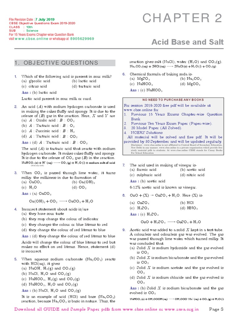 Acid Base And Salt 1 Objective Questions Pdf Hydroxide Acid