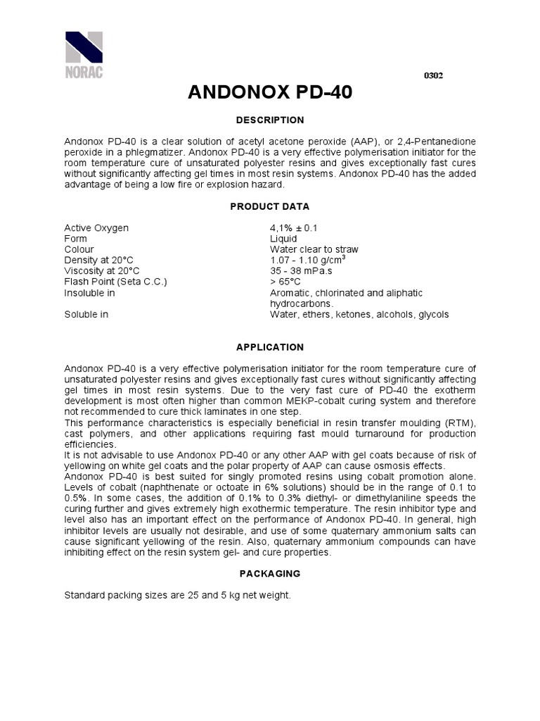 Acetylacetone Peroxide Datasheet | PDF | Polyester | Solubility