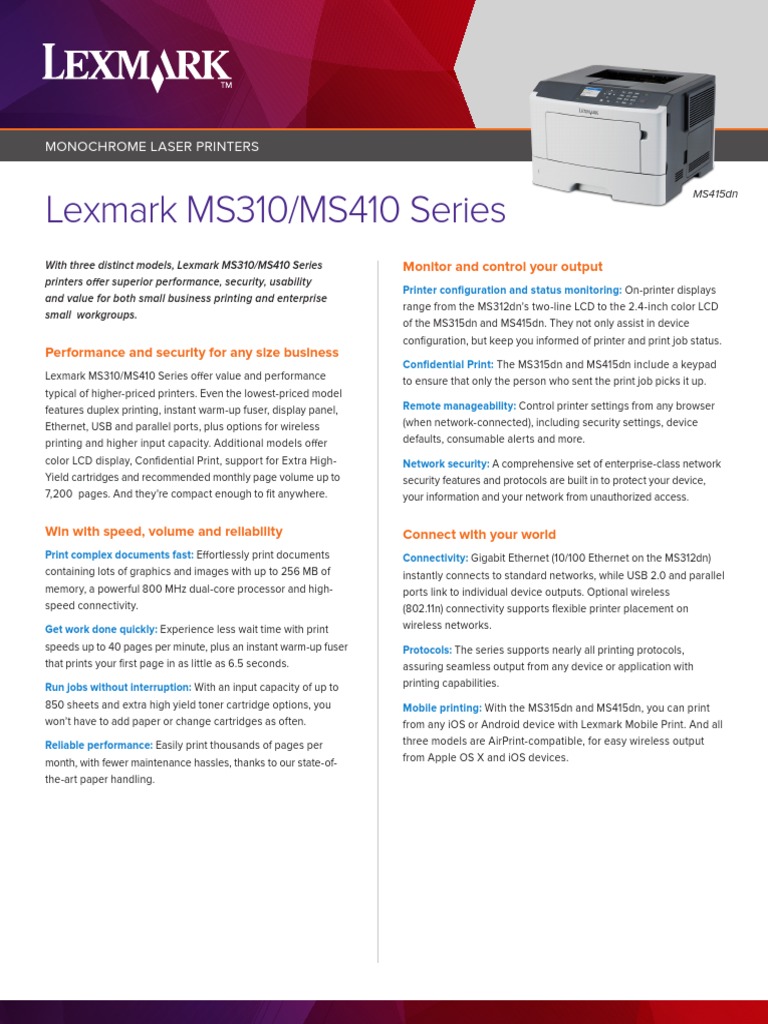 Lexmark MS310/MS410 Series: Monochrome Laser Printers | PDF | Printer ...