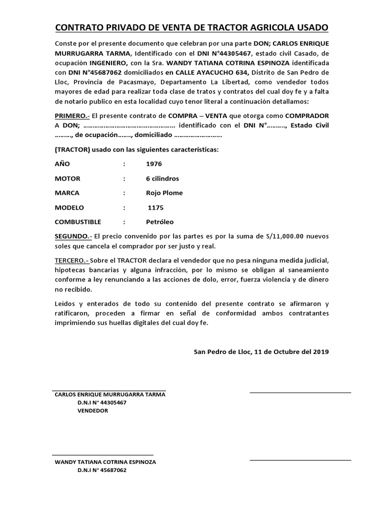 Contrato Privado de Venta de Tractor Agricola Usado | PDF | Finanzas y ...
