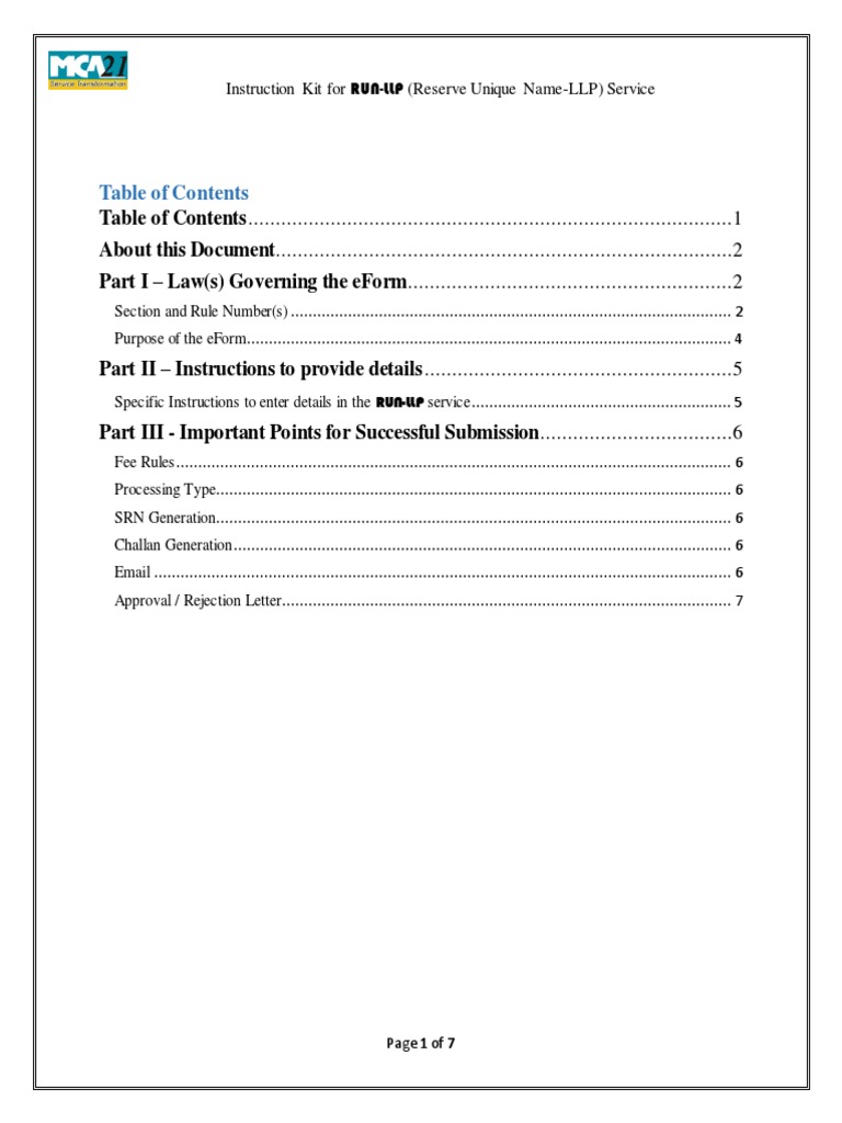 Instruction Kit For RUN-LLP (Reserve Unique Name-LLP) Service | PDF ...
