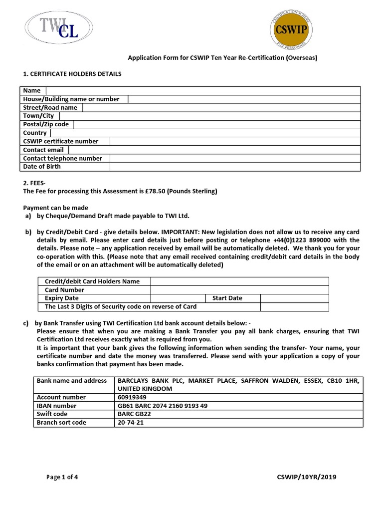 Application Form For CSWIP 10 Year Re-Certification (Overseas) With ...