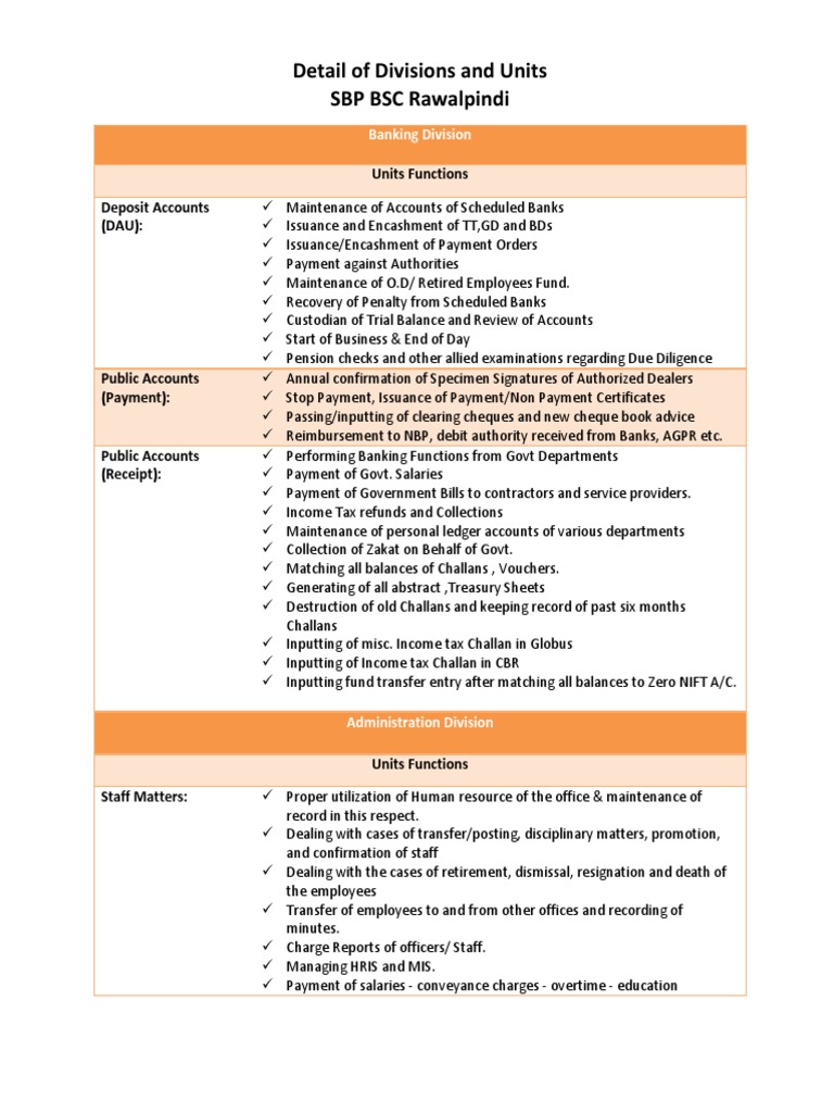 Detail of Divisions and Units SBP BSC Rawalpindi: Units Functions Deposit Accounts (DAU) | PDF ...
