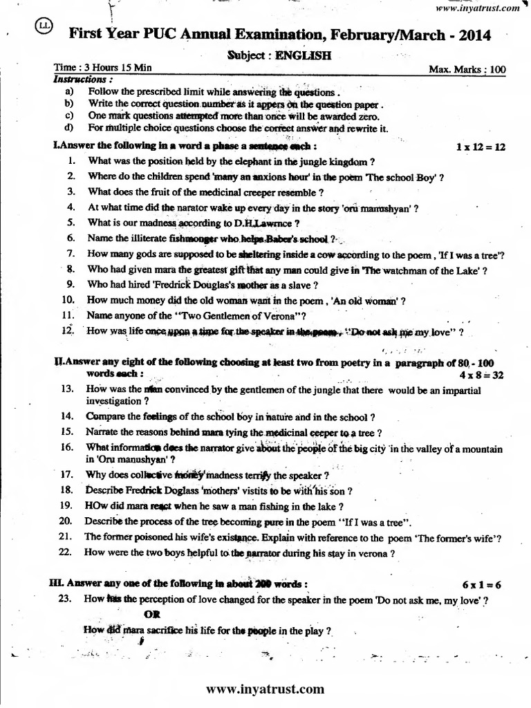 Model Question Paper 1st PUC | PDF