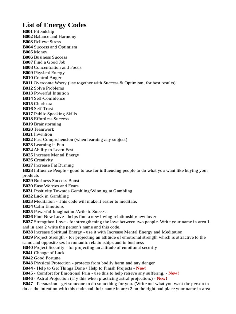 List of Energy Codes | PDF | Mood (Psychology) | Mental Health