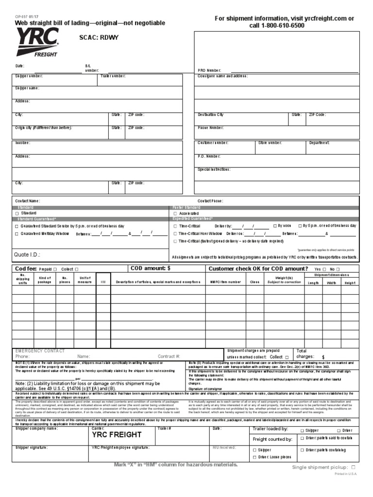 YRC Freight Shipment Details | PDF | Cargo | Bill Of Lading