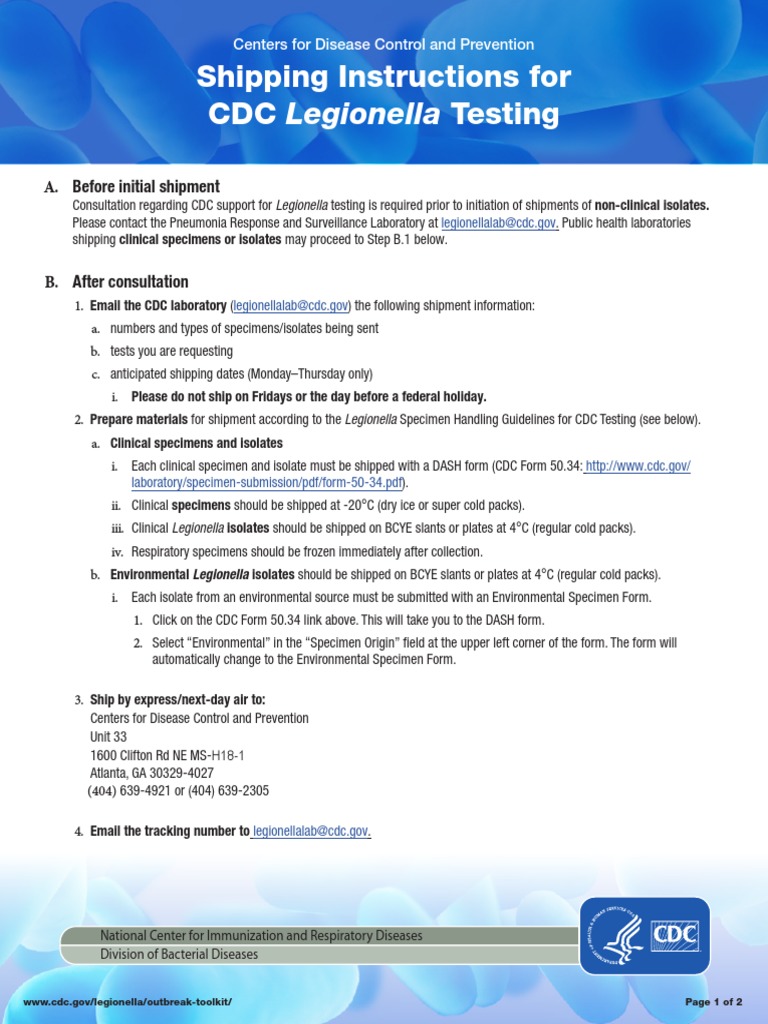 Shipping Instructions For CDC Legionella Testing: A. Before Initial ...