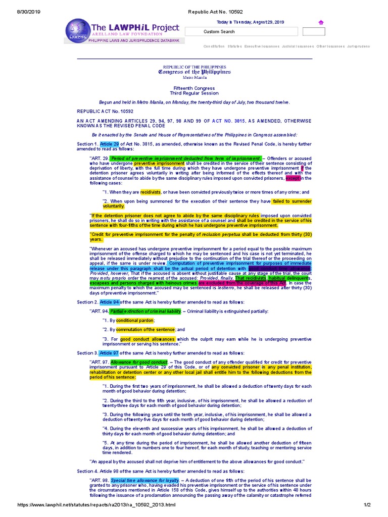 Republic Act No. 10592 | PDF | Prison | Remand (Detention)