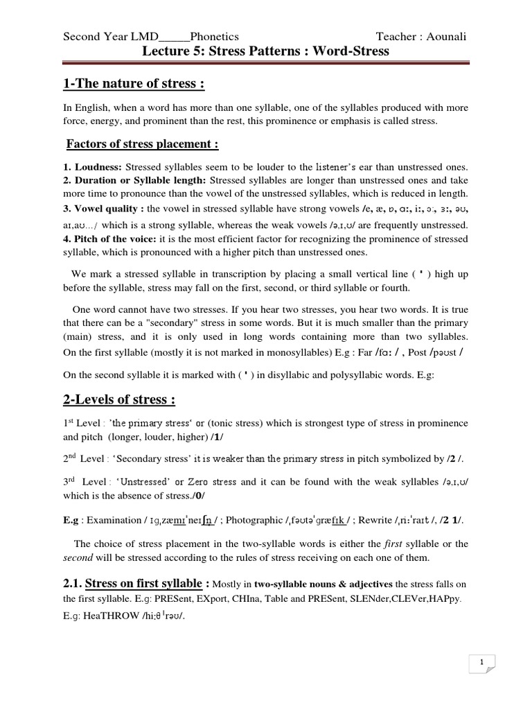 5 Lecture 5 Stress Placement Verbs Adj Nouns | PDF | Stress ...