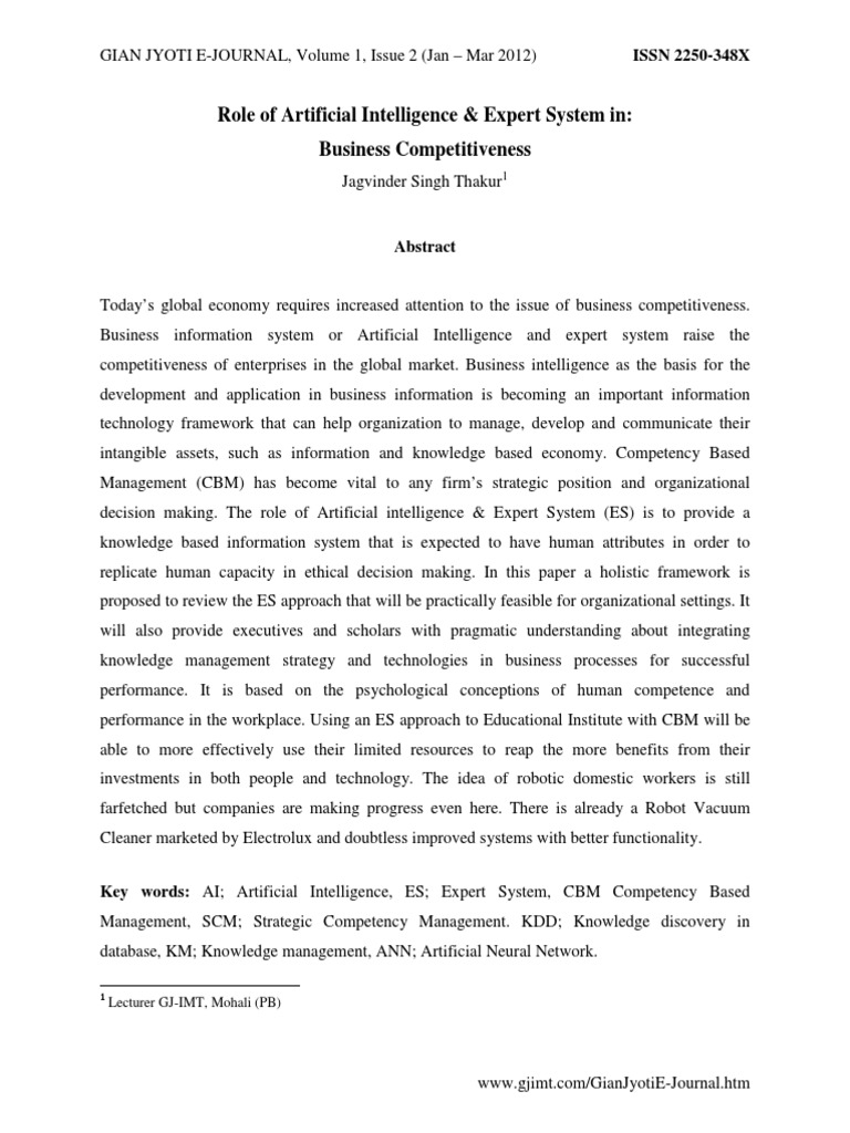 Role of Artificial Intelligence & Expert System In: Business ...