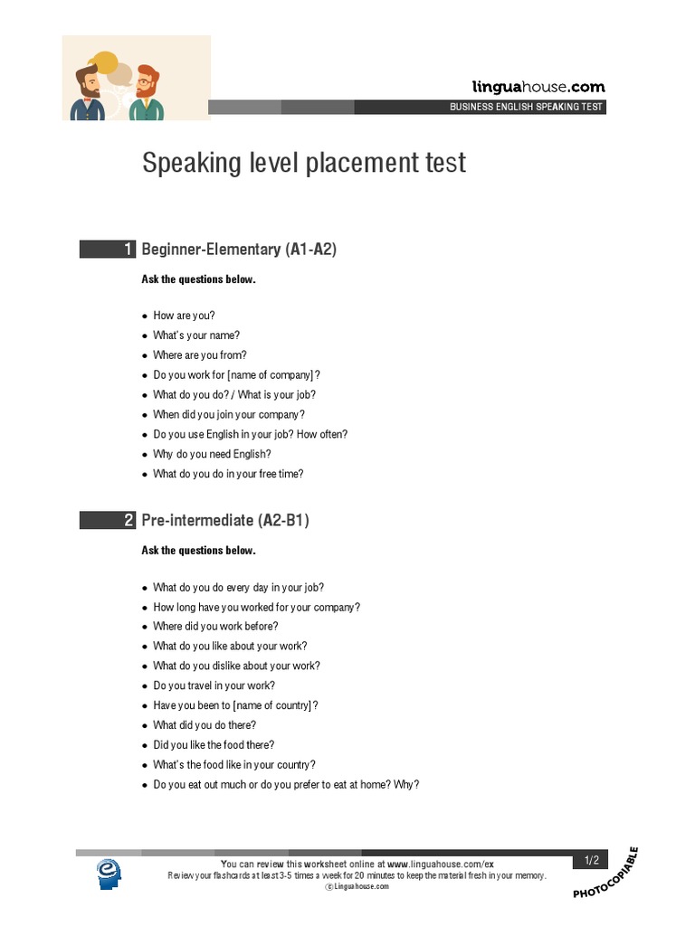 Speaking Level Placement Test Business English Pdf Pdf Business
