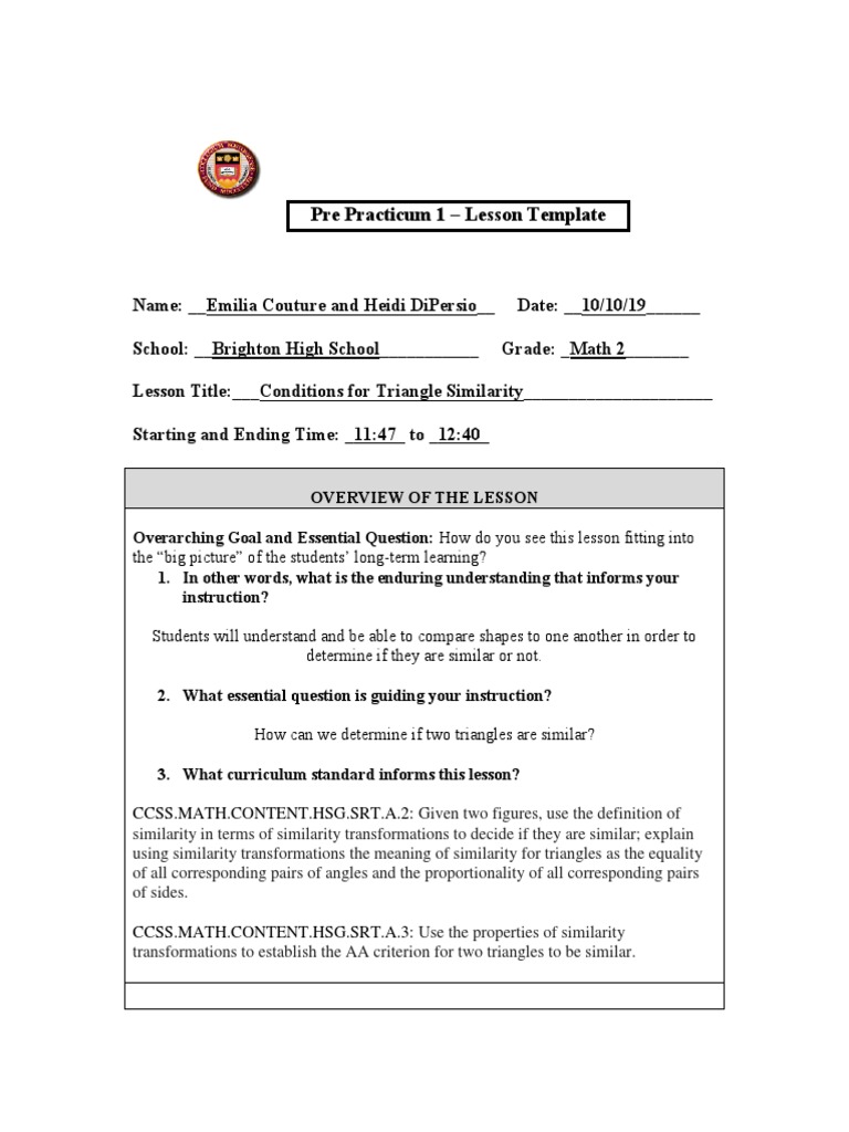 Pre Practicum 1 - Lesson Template | PDF | Goal | Classroom Management