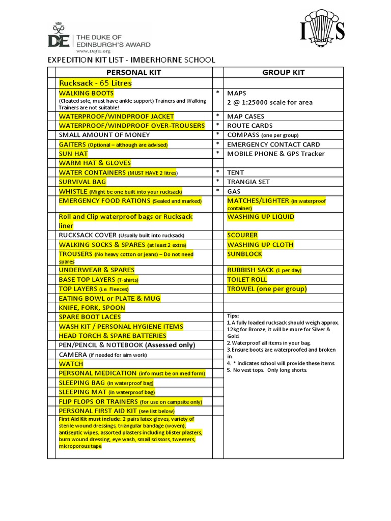 Expedition Kit List - Imberhorne School Rucksack - 65 Litres | PDF ...