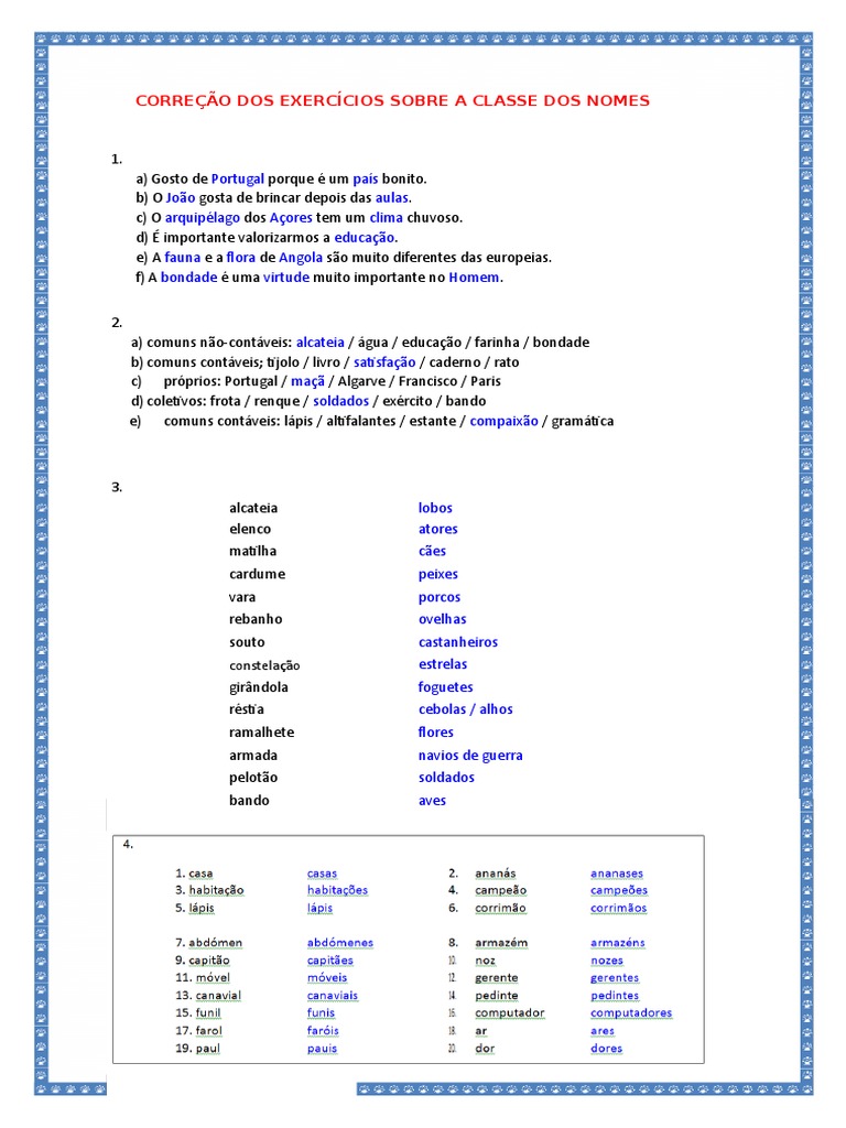 Correção Dos Exercícios Sobre A Classe Dos Nomes | PDF