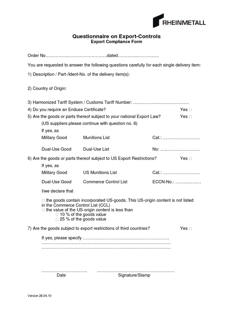 RLS Questionnaire On Export Controls | PDF